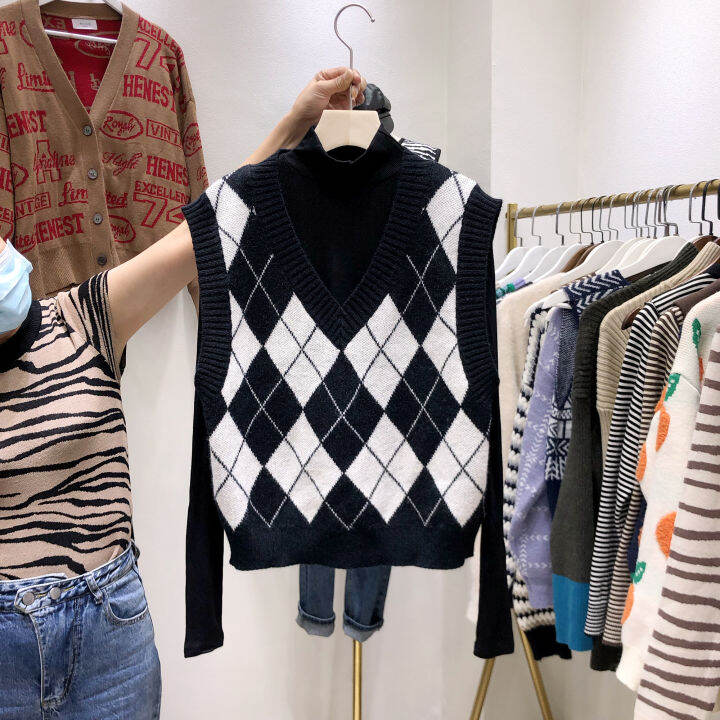 Spring And Autumn New Vintage Contrasting Color Quilted V Neck Wool