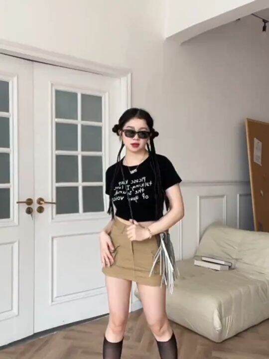 Wintin สีกากี เอวต่ำเซ็กซี่ กระโปรงสั้น ซับในดีมาก ผ้าลื่นใส่สาย สไตล์ ...