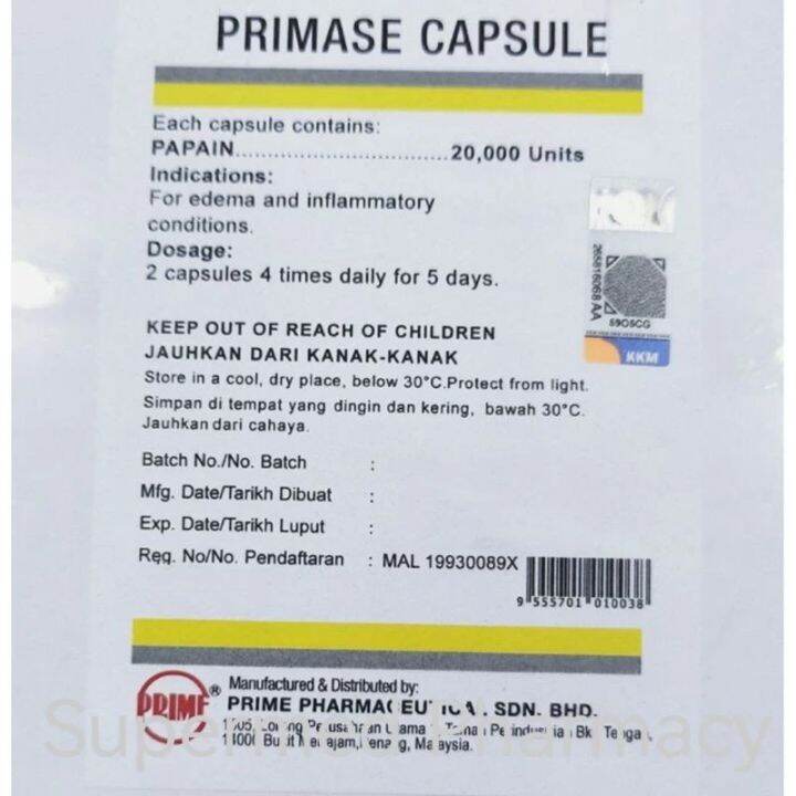 Prime Primase Capsule (Papain 20000 unit) 10's (Exp: 03/26) | Lazada