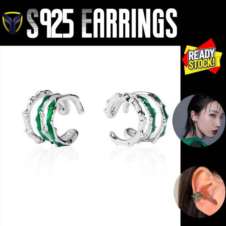 S925แท้สำหรับฤดูร้อนมรกตสีเขียวเงินสเตอร์ลิงแบบไม่เจาะต่างหูแบบหนีบกันสีไม่ซึมไม่ก่อให้เกิดอาการ ...