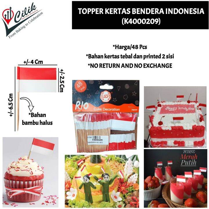 topper kertas bendera indonesia merah putih dekor kue puding tumpeng ...