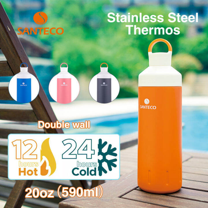 Santeco ขวดน้ํา 20oz (590ml) ผนังสองชั้น, ฉนวนสูญญากาศ, สแตนเลส, ฝาเปิดสองช่อง, เก็บความร้อนและ ...