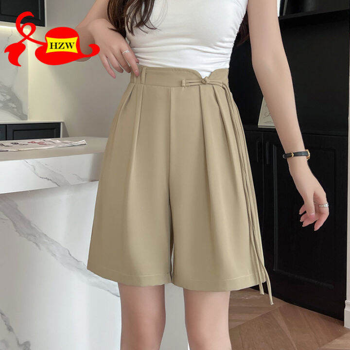 HZW 2023ใหม่เอวสูงสำหรับหญิงขาตรงขากว้างทรงหลวมชุดสูทห้าจุดกางเกงขนาดกลางๆเข้าชุดสำหรับฤดูใบไม้ ...