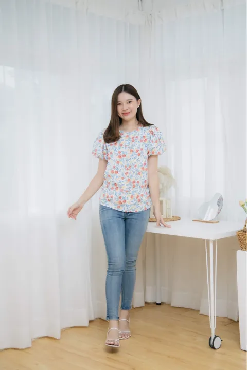Mommade ชุดให้นม เสื้อให้นม Blue Pastel Flora Ballon Top | Lazada.co.th