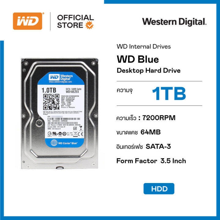 1 TB HDD WD BLUE (7200RPM, 64MB, SATA-3, WD10EZEX)มาพร้อมสาย SATA 1 ...