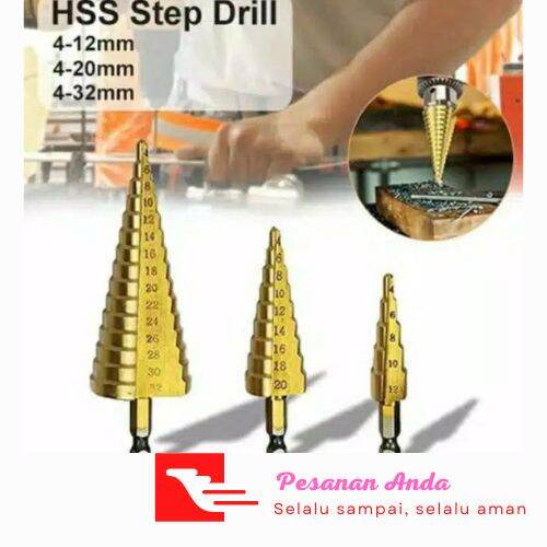 3 pcs 4 - 32 mm Mata Bor Piramid Pagoda Spiral Kuningan Titanium Coated ...