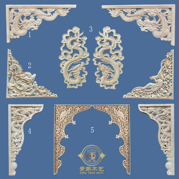 Double Dragon Chinese Auspicious Cloud Phoenix Wood Carving Decals ...