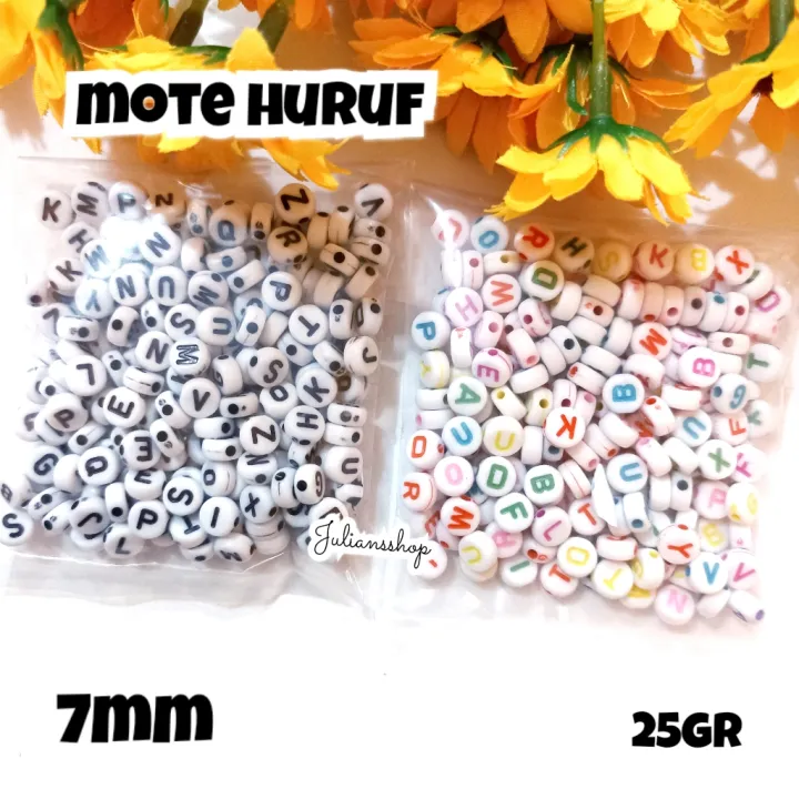 [25 Gram] Manik 7mm Mote Akrilik Huruf Bulat Putih Tulisan Hitam dan ...