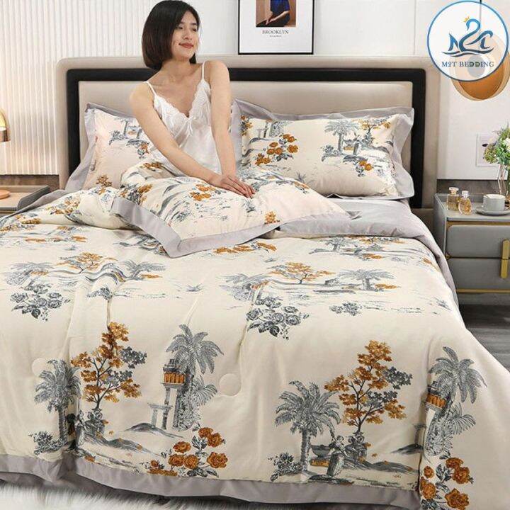 Bộ chăn ga gối lụa thái M2T Bedding - chăn hè chần bông, ga giường và 2 vỏ gối nằm - Ga giường ...