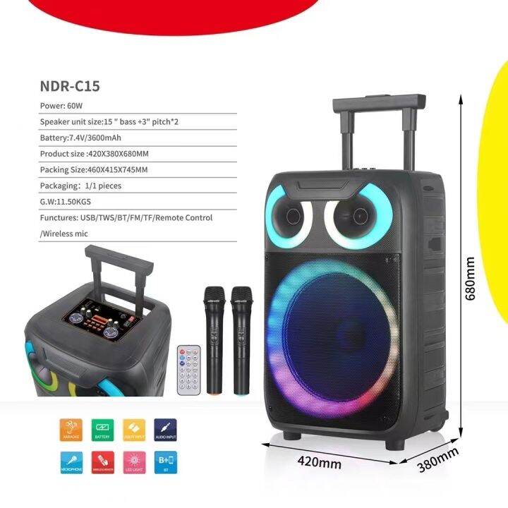 NDR C15 15 inches Bluetooth speaker w/ 2 wireless microphone | Lazada PH