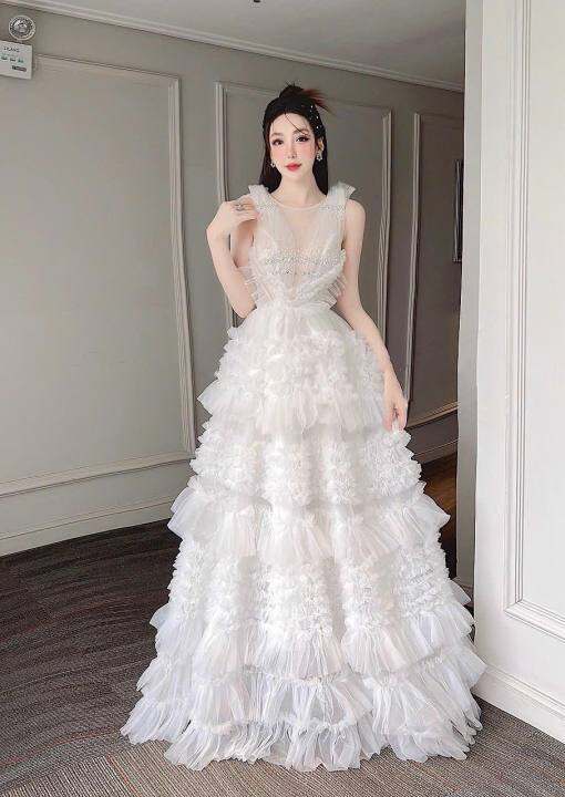 EasyJoin Lv012ชมพู Lv014ขาว เดรสยาวสุภาพสตรีชีฟองระบาย งานพรีออเดอร์14-21วัน สนใจเช่าทักแชททาง ...