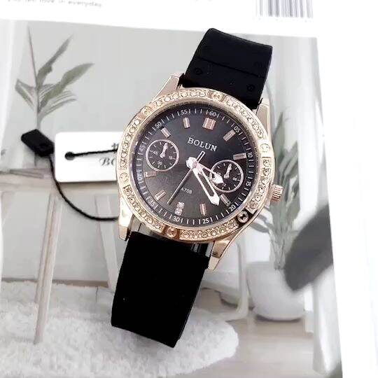 นาฬิกาแฟชั่น Bolun ของแท้100% สายซิลิโคนนิ่มหน้าปัดกลมเพชร เดินเข็ม ...