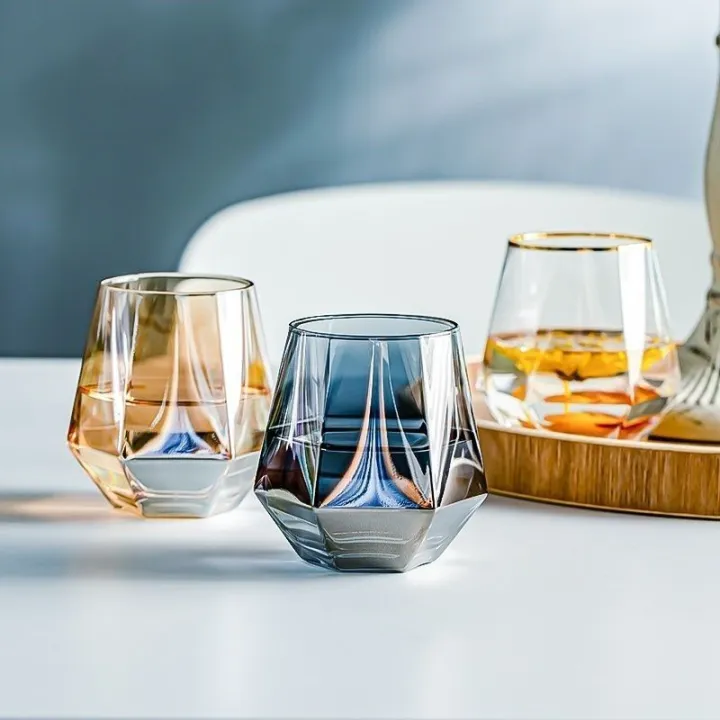 [SG STOCKS]INS style Whiskey glass water cups Diamond crystal glass cup ...