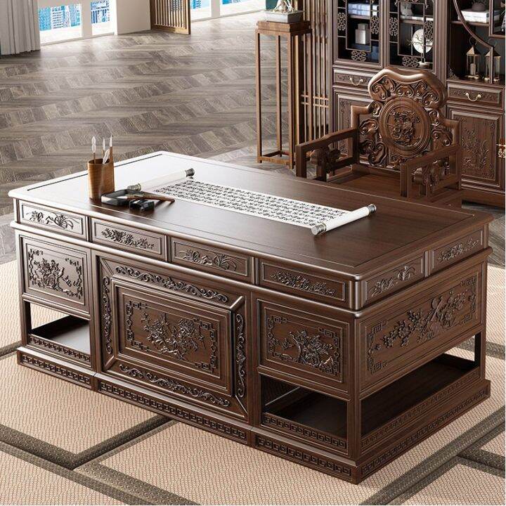 New Chinese Style Desk Solid Wood Boss Desk Antique Plaid Office Desk ...