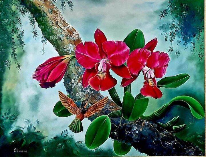 hiasan dinding lukisan cetak digital printing bunga anggrek merah plus ...