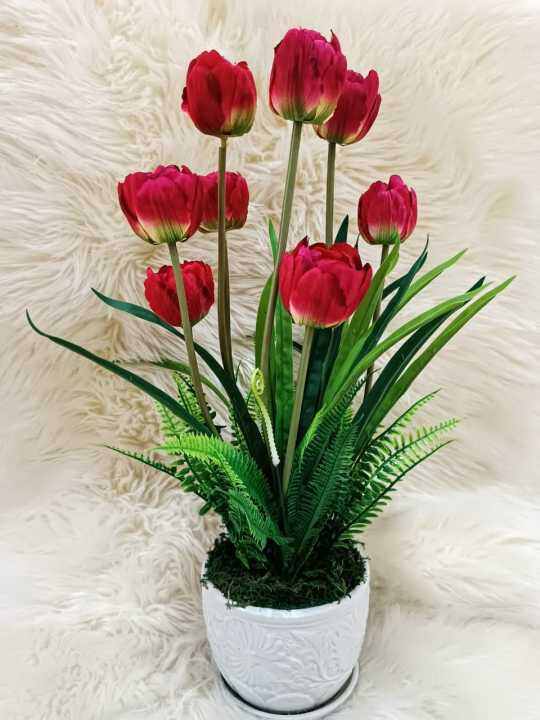 Gubahan Bunga Tulip Pasu Seramik 9 kuntum | Lazada