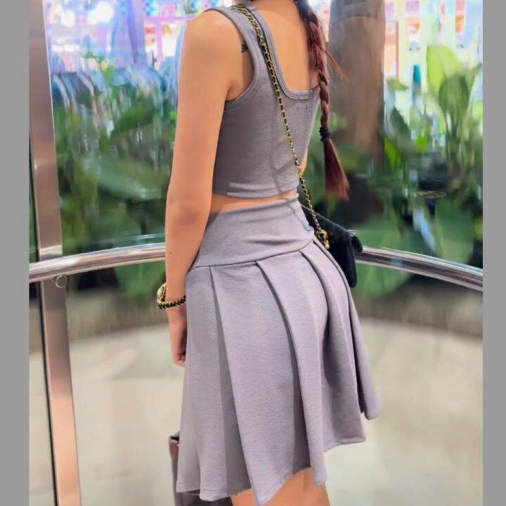 YUULA SET(ยูรา) เซ็ทเสื้อกล้ามครอปทรงสวย ตีเส้น กางเกงกระโปรงจับจีบขอบ ...