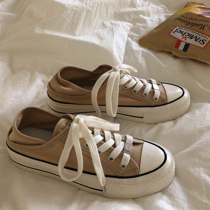 Linjiu San รองเท้าผ้าใบใส่ได้สองแบบสำหรับผู้หญิงรองเท้าสีขาวแมทช์ลุค ...
