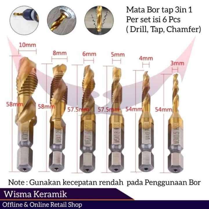 Mata Bor tap 6 Pcs, pembuat ulir drat drill tap set, Hex twist spiral ...