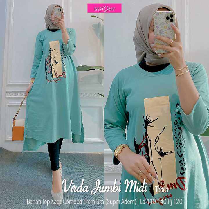 Virda jumbo MIDI dress bahan kaos combed 20s premium lengan panjang terusan gamis maxy wanita ...