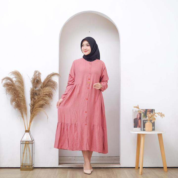 MIDI DRESS MUSLIM BAHAN POLO LINEN TERBARU 2023 GAMIS MIDI KEKINIAN POLOS HITAM MARON UNGU ...