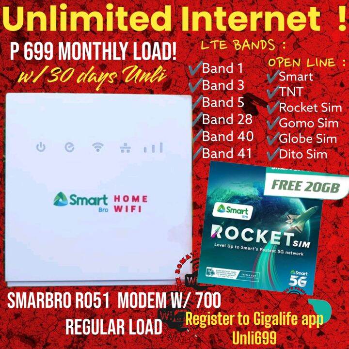 Smartbro Modem + Rocket Sim + 700 regular load please register unli699 ...