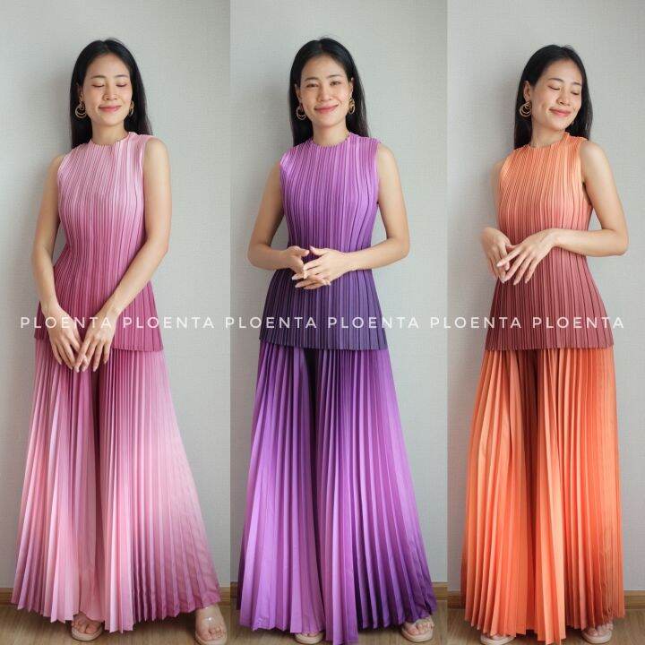 Pleat Set ชุดเข้าเซทผ้าอัดพลีท ชุดพลีทเข้าเซท เสื้อแขนกุด กางเกงขายาว ...