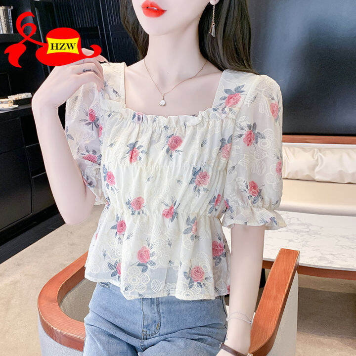 HZW 2023ชุดเดรสหน้าร้อนลายดอกไม้ผู้หญิงผ้าชีฟองลูกไม้แขนพองคอเหลี่ยมเปิดไหล่อารมณ์เสื้อแขนสั้น ...