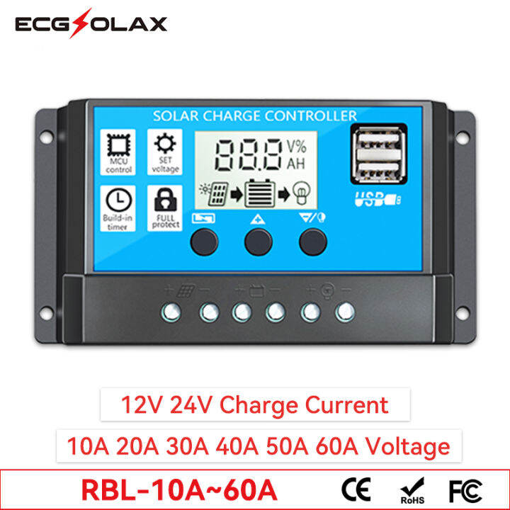 ECGSOLAX PWM Solar Charger Controller 10A 20A 30A 40A 50A 60A 12V 24V Charger LCD Dual USB Solar ...