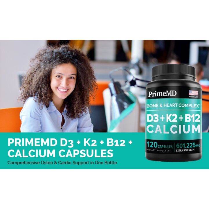 PrimeMD 4-in-1 Vegan Vitamin D3 K2 5000 IU B12 + Calcium 600 mg 120 ...