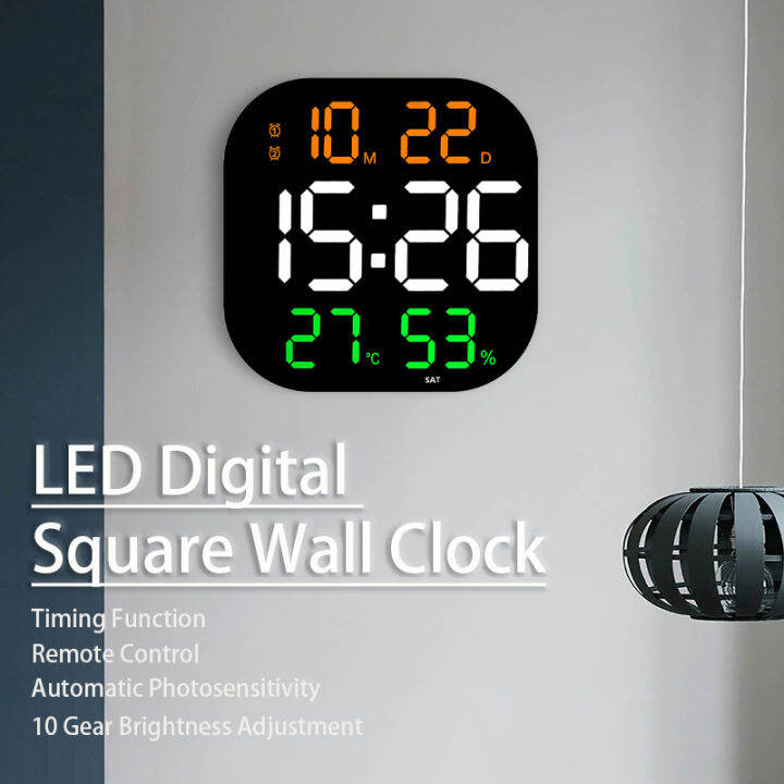 LED Digital Square Wall Clock Remote Control Two Sets of Alarm Clocks ...