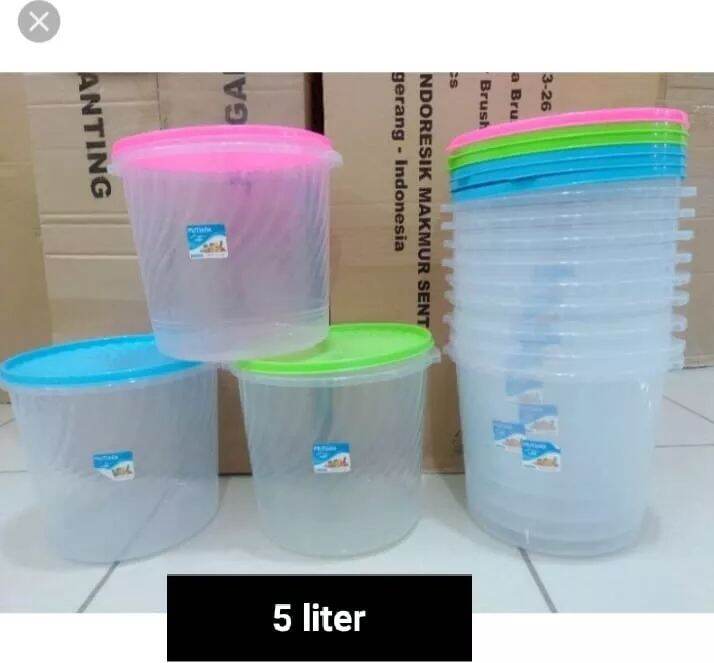 ( 1 Lusin ISI 12 PCS)Toples bulat Plastik 5 Liter KMP/Tempat Kerupuk Kedap Udara/toples beras ...