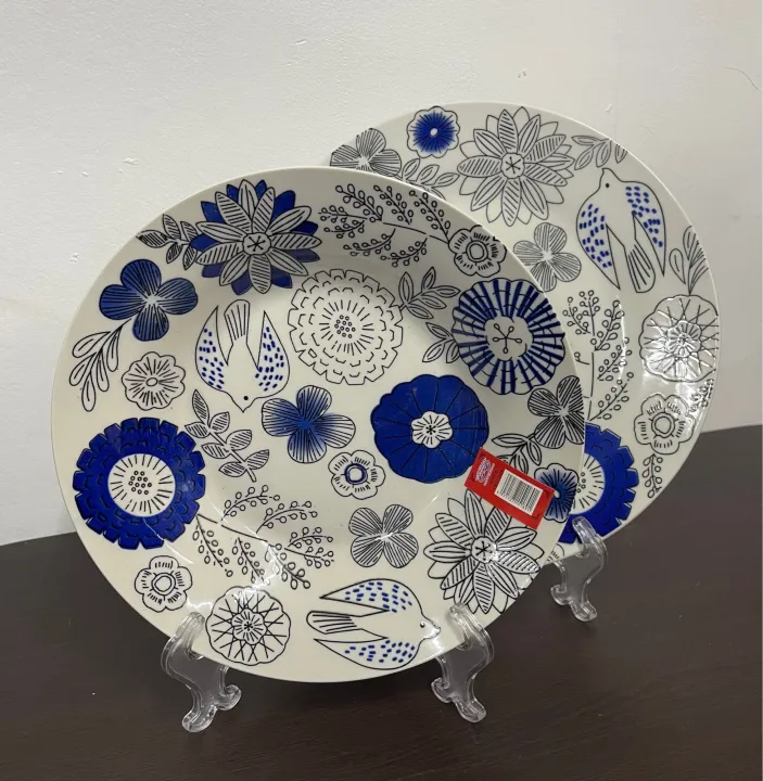 Ceramic Dining plates Blue Floral 2pcs (Flat plate 10.5” & Soup plate 9 ...