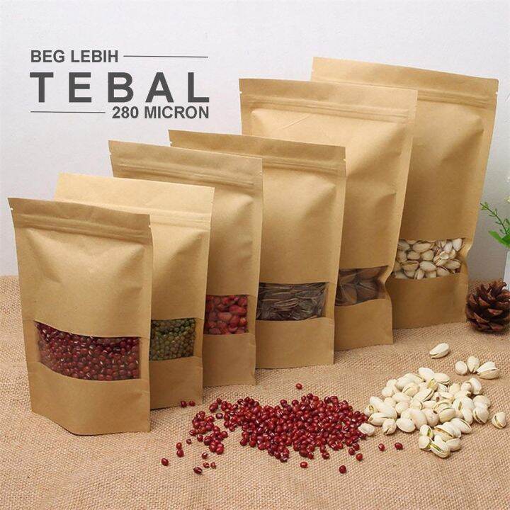 50pc Kraft Zip Window Goodies Bag Paper Packing Beg Plastik Makanan box ...