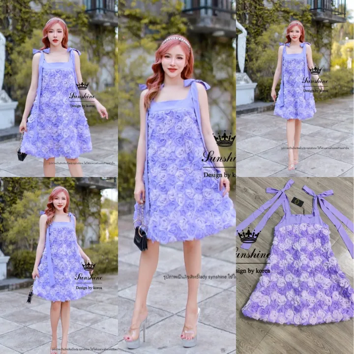 💙พร้อมส่ง 3xl💙ป้าย Lady Sunshine💕เดรสสั้น แขนผูกโบว์ กุหลาบ 3d สวยละมุน