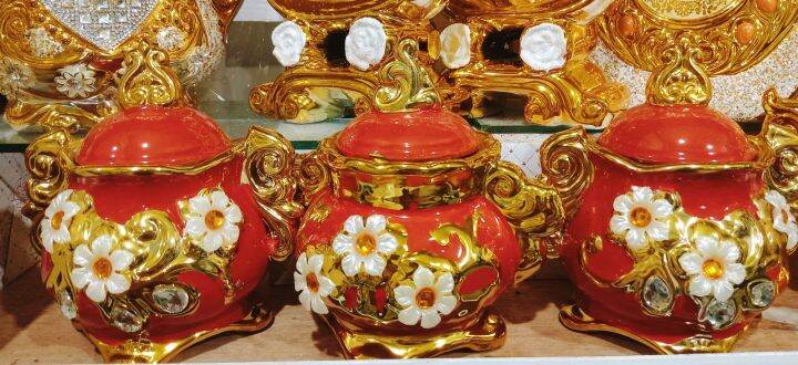 pajangan keramik set 3pc ukuran 14cm / toples permen set / keramik hias ...