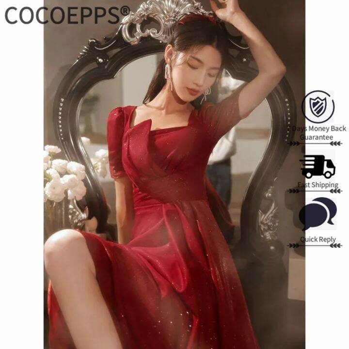 COCOEPPS 2023ชุดหมั้นสีแดงอารมณ์สง่างามใหม่มักจะสามารถสวมใส่ชุดราตรีขนาดเล็ก | Lazada.co.th
