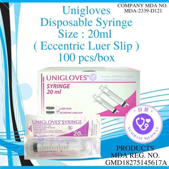 Unigloves Disposable Syringe, 20ml Eccentric Luer Slip, 100 pcs/box | Lazada