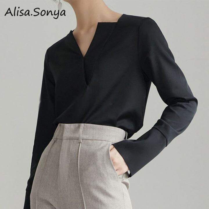 Alisa.Sonya Áo Cổ Chữ V Tay Dài Cho Nữ Áo Cánh Thường Ngày Áo Vải Sa ...