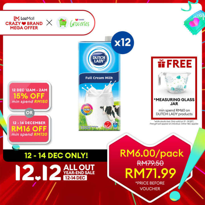 [CARTON] Dutch Lady UHT Milk - Full Cream (1L x 12) | Lazada