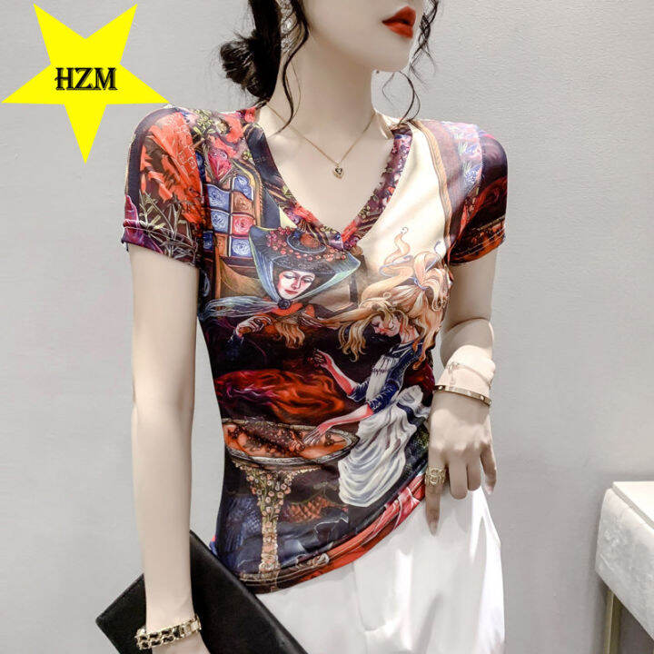 HZM 2023เสื้อยืดผ้าก๊อซผ้าก๊อซแฟชั่นแขนสั้นลายดอกไม้เข้ารูปเทรนด์ฤดูร้อน | Lazada.co.th