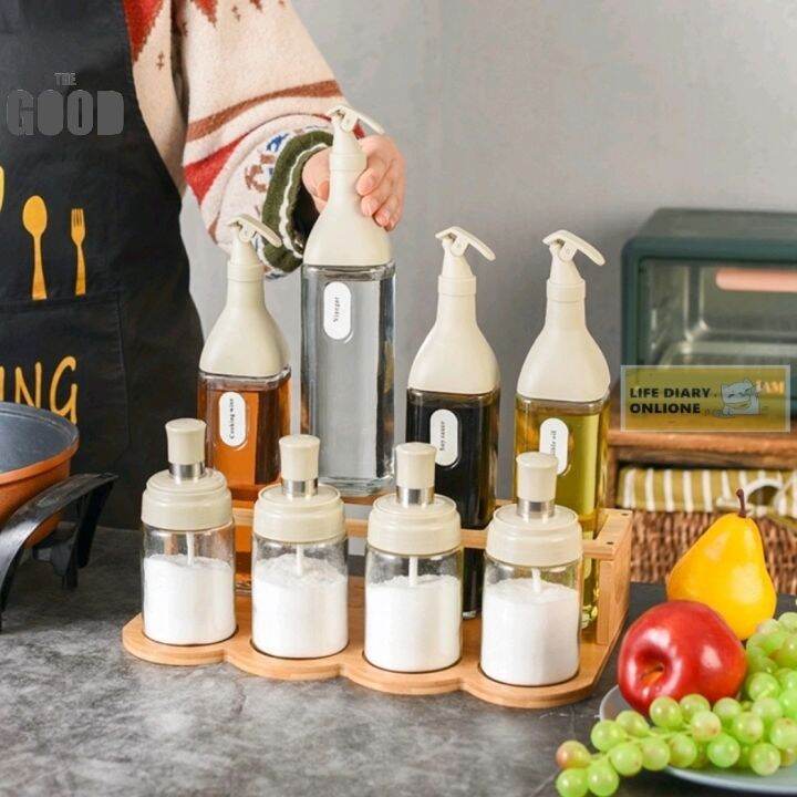 Kitchen Glass Oil Bottle Seasoning Bottle Set with Wooden Rack Soy ...