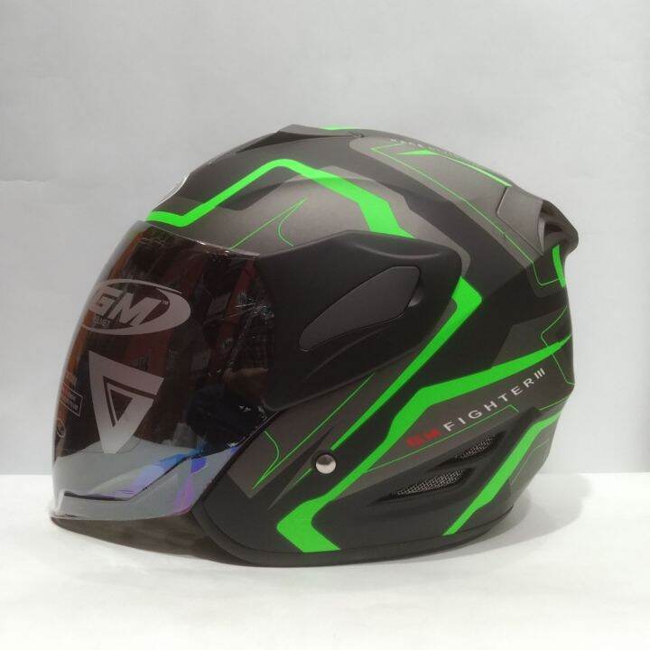 HELM GM FIGHTER GV2 BLACK GREEN DOFF HELM HALF FACE | Lazada Indonesia