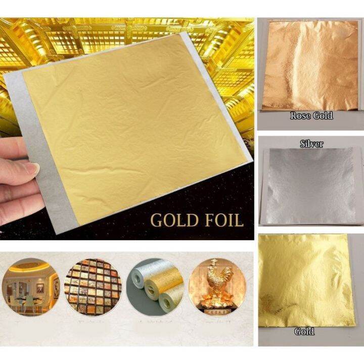 100 LEMBAR Kertas Foil Emas Gold Leaf Foil Sheet Kertas Prada Sepuhan ...