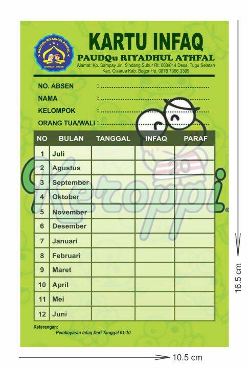 KARTU INFAQ/BULANAN/SPP TK/PAUD ISI NAMA, ALAMAT DAN LOGO BISA DIUBAH ...