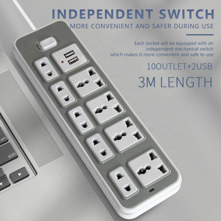 10 Outlet（2 Usb）extension Wire With Socket Original Heavy Duty Extension Cord 3 Meters Wire With