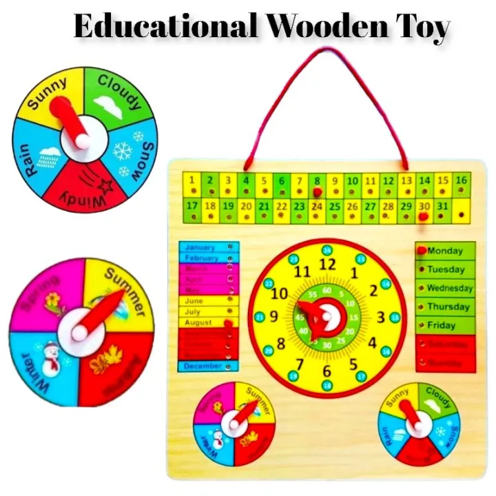 Educational Wooden Toy Clock Calendar Weather Season Month Cognitive ...