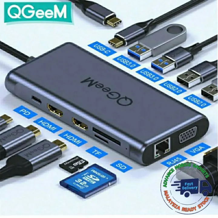 QGeeM 12 in 1 Triple Display Type C Hub to Dual 4K HDMI & DP USB C to ...