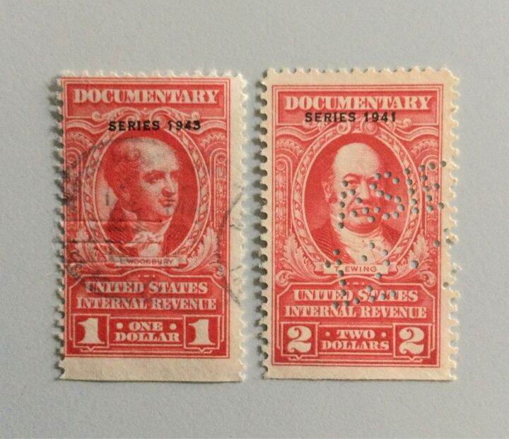 1940’s USA Documentary Stamps. $1, $2. Mixed Series. Cancellation ...