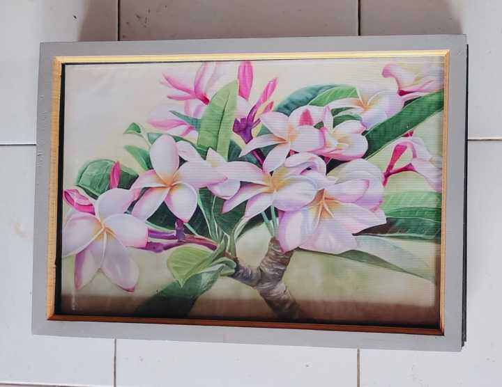 hiasan dinding lukisan cetak bunga Jepun Bali pink plus bingkai ukuran ...